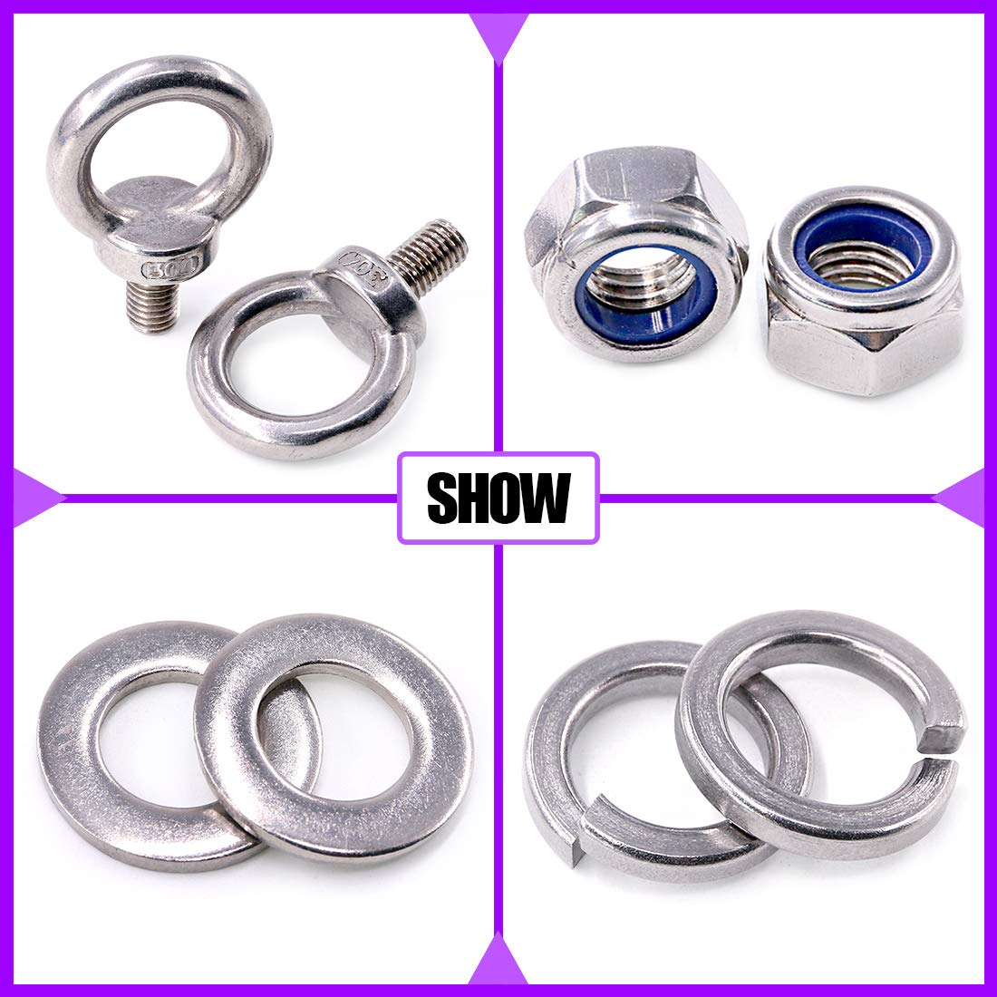 36Pcs 304 Stainless Steel M5 Male Thread Lifting Ring Eye Bolt Kit, Including 6Pcs M5 Eye Bolt with 10Pcs Lock Nuts, 10Pcs Lock Washers and 10Pcs Flat Washers