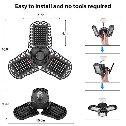 2 Pack LED Garage Lights, 60W Deformable LED Garage Ceiling Lights with 3 Adjustable Wings, 6000LM, E26 LED Shop Light for Warehouse, Workshop, Basement (No Motion Detection) (2 Pack, 60W)