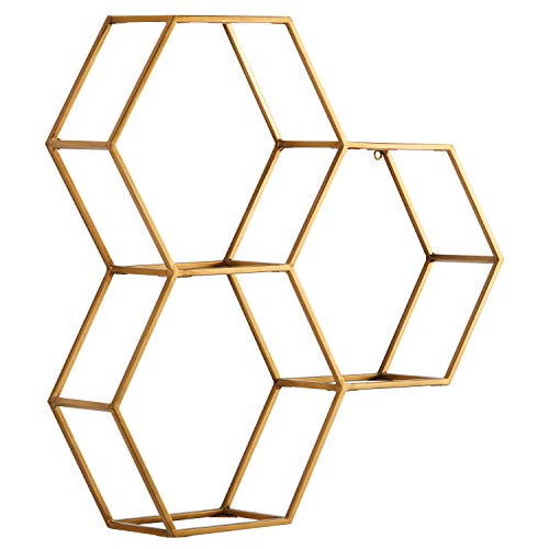 Amazon Brand β Rivet Modern Hexagon Honeycomb Floating Wall Shelf Unit with Glass Shelves - 28" x 28" x 6", Gold
