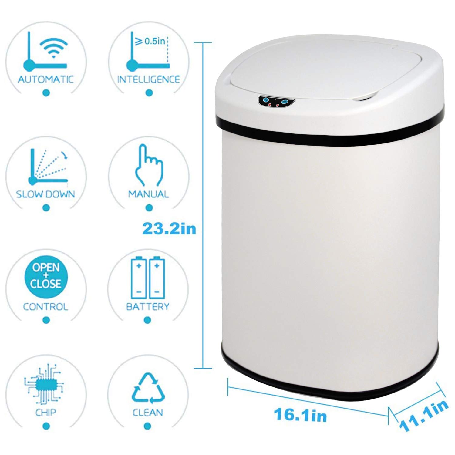 13.2 Gallon Trash Can Kitchen Bathroom Bedroom Stainless Steel Automatic Garbage Can with Odor Control System, 50 Liter Semi-Round No Touch Motion Sensor with Plastic Lid Brushed Waste Bin-White