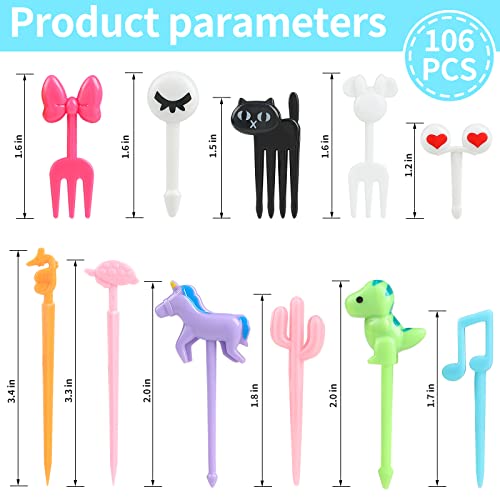 106 Pcs Food Picks, Fun Cute Mini Reusable Cartoon Animal Fruit Toothpick for Picky Eaters, Lunch Accessories/Bento Decorations For Toddler And Kids