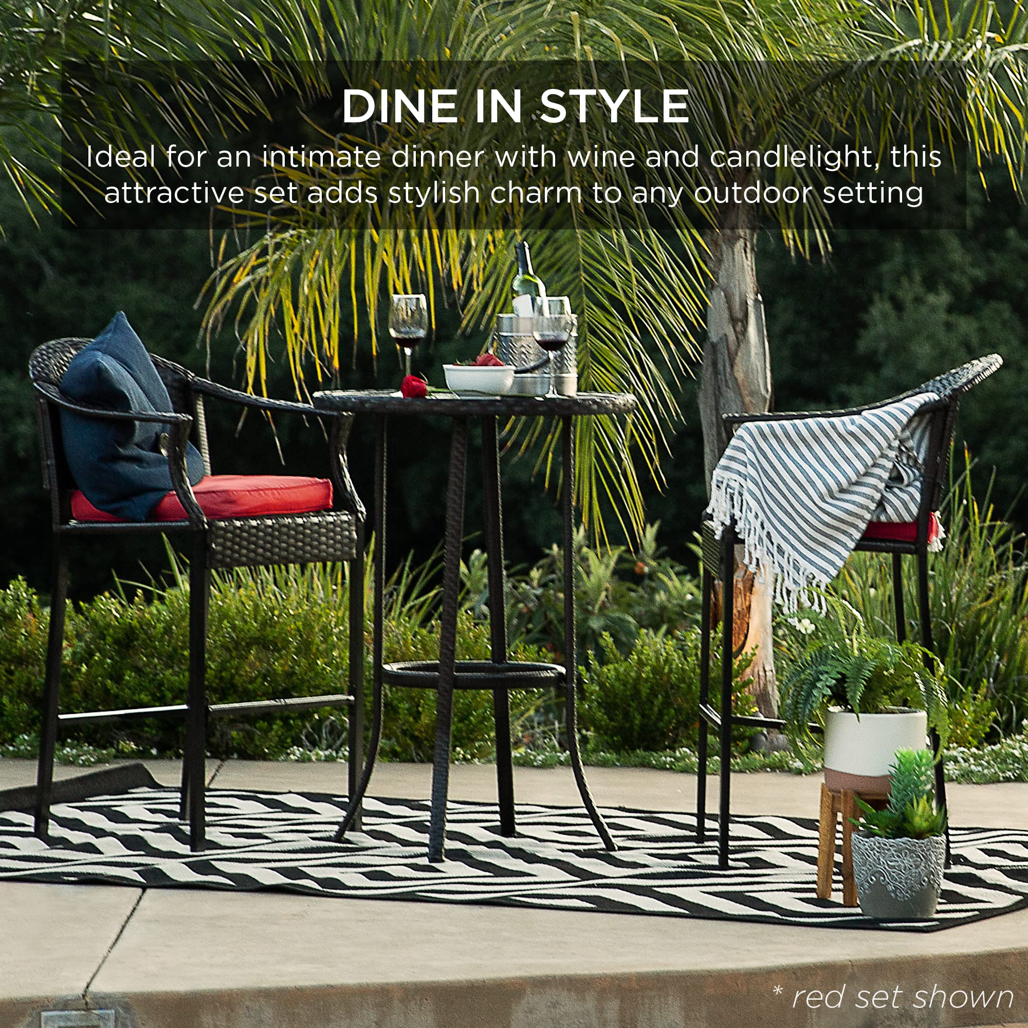 Best Choice Products 3-Piece Patio Bar Table Set, Outdoor Wicker Bar Height Bistro Furniture for Backyard, Poolside, Balcony w/Barstools, Cushions, Steel Frame β Gray/Blue