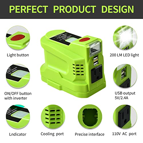 150W Power Inverter for Ryobi 18V Volt Lithium Battery,Portable Power Station Inverter with 2-USB&AC 110V-120v 200LM LED Light(Inverter only)
