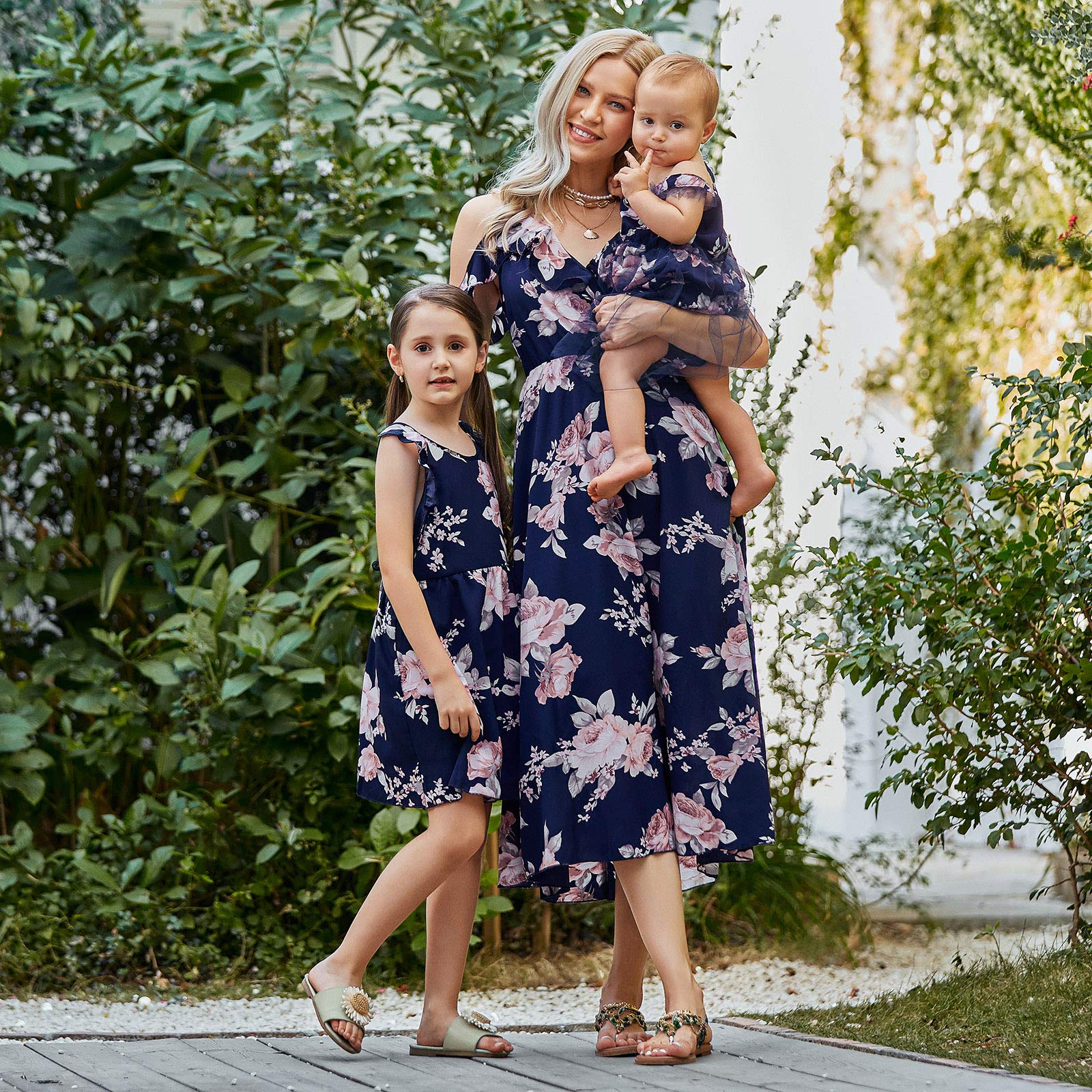 PopReal Mommy and Me Dresses Floral Print Cold Shoulder Ruffle Backless Strap Beach Midi Dress Summer