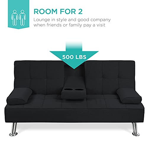 Best Choice Products Linen Upholstered Modern Convertible Folding Futon Sofa Bed for Compact Living Space, Apartment, Dorm, Bonus Room w/Removable Armrests, Metal Legs, 2 Cupholders - Black