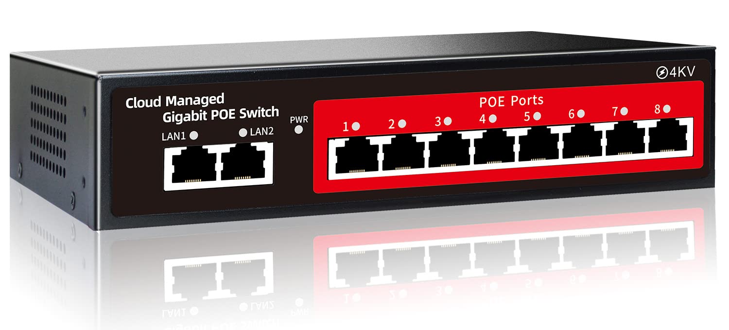 Poe Switch, 10 Port Gigabit PoE+ Switch, Cloud Managed Gigabit Ethernet Switch, 8 Poe Ports @120W, 2 Uplink Ports, APP Smart Managed, Extend to 250M, Overload Protection w/ Port