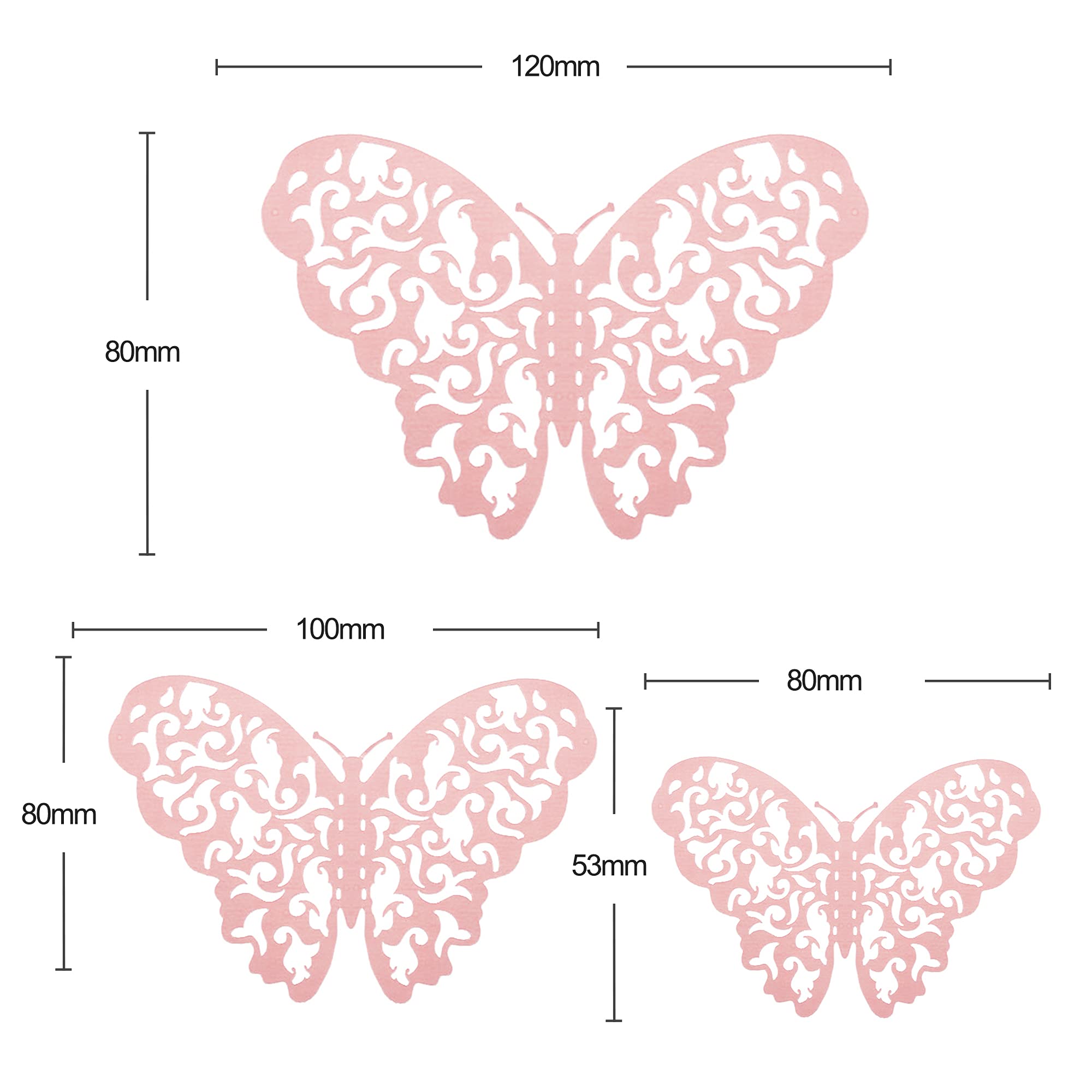 3D Butterfly Wall Stickers, Removable Metallic Wall Decals Fridge Sticker Room Mural Decoration for Kids Bedroom Nursery Classroom Party Wedding Decor DIY Gift, Rose Gold, 36Pcs