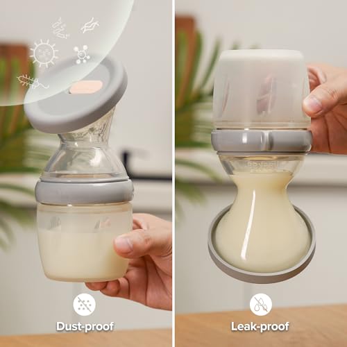 haakaa Gen.3 Manual Breast Pump with Silicone Lid Multifuctional Silicone Breast Pump Breast Milk Collector Breast Milk Catcher Breast Milk Saver Breastfeeding Essentials, BPA Free (5.4oz/160ml, Grey)
