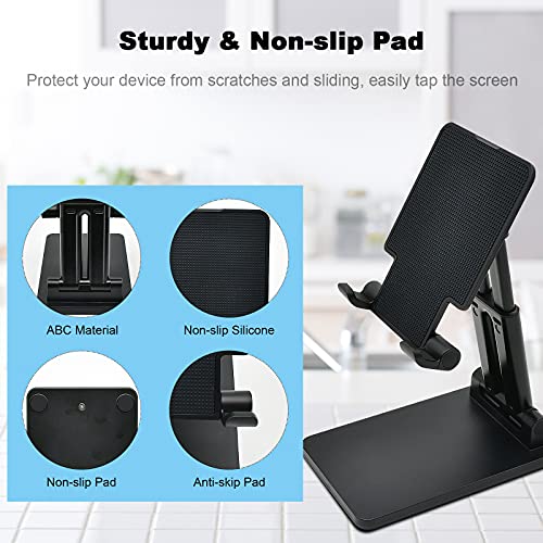 AdplT Foldable Phone Stand for Desk, Adjustable Angle Height Cell Phone Holder with Stable Anti-Slip Design, Universal Desktop Stand, for Smartphones Tablet Portable Monitor, Black