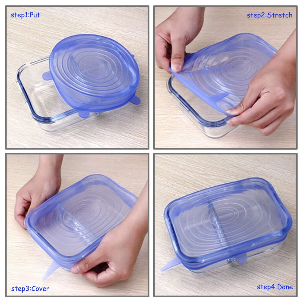12 pcs Silicone Stretch lids set, 6 Sizes, Reusable Food Storage Covers ,Silicone Bowl Covers,Flexible to Fit All Shape of Containers, Food Cover to Keep Food Fresh (blue,white)