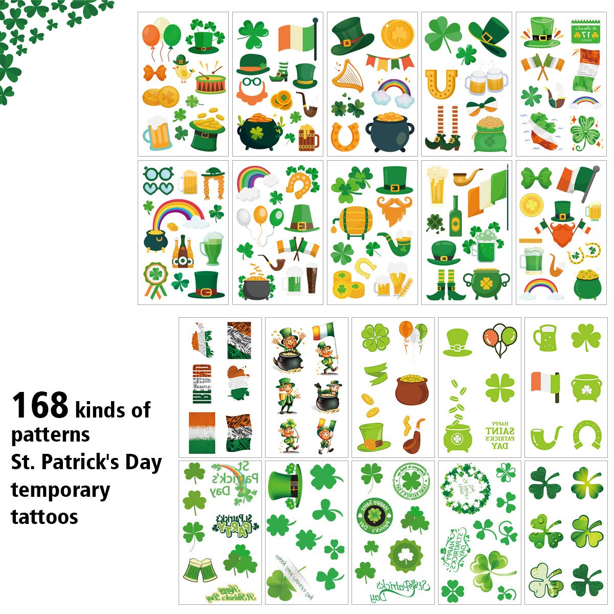 168 PCS St Patricks Day Tattoos Stickers Shamrock Tattoos Temporary Stickers Irish Tattoos Stickers for St. Patricks Day Parade Party Favors Decorations