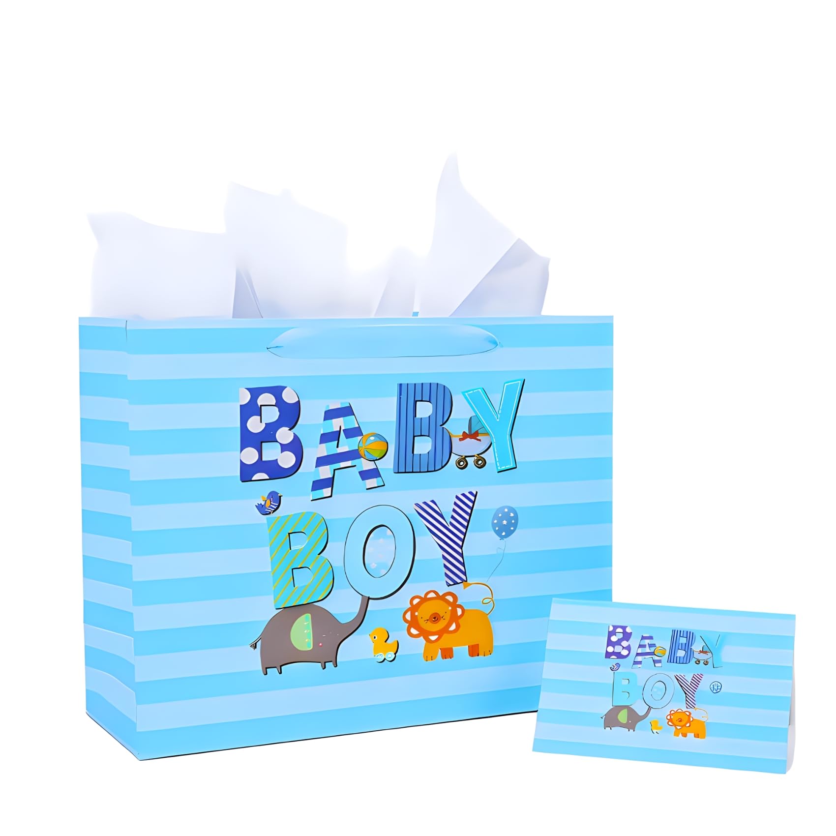 13" Large Baby Boy Gift Bag with Tissue Paper and Greeting Card for Kids, Baby Shower, Birthday Party(Cartoon animal design)