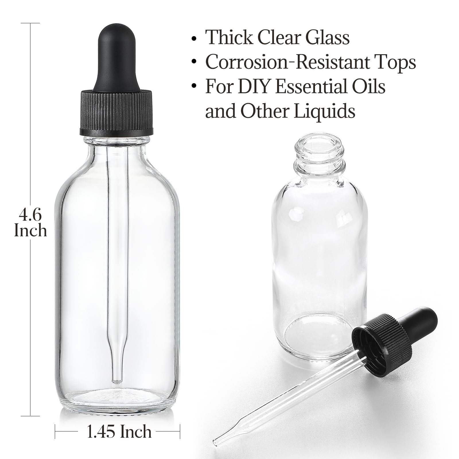 12 Pack, 2 oz Glass Eye Dropper Bottles w/ 3 Stainless Steel Funnels & 1 Long Pipette Dropper & 24 Labels - 60ml Clear Tincture Bottles for Essential Oils, Liquids - Leakproof Travel Essential Bottles