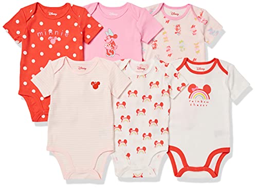 Amazon Essentials Disney | Marvel | Star Wars | Princess Baby Girls' Short-Sleeve Bodysuits, Pack of 6, Minnie Rainbow Chaser, 18 Months