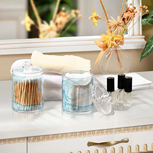 2 Pack Qtip Holder Organizer Dispenser Light Blue Marble Bathroom Storage Canister Cotton Ball Holder Bathroom Containers for Cotton Swabs/Pads/Floss
