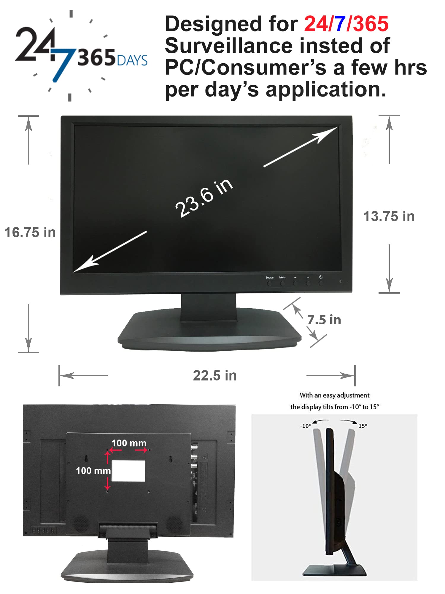 1stPV 23.6" Super HD 5MP 16:9 Professional Security Monitor, 1 HDMI, 2 BNC Inputs(HD-TVI/AHD/CVI/CVBS) & 2 BNC Outputs, Working with Super HD 5MP Security Cameras Directly in Addition to DVR/NVR & PC