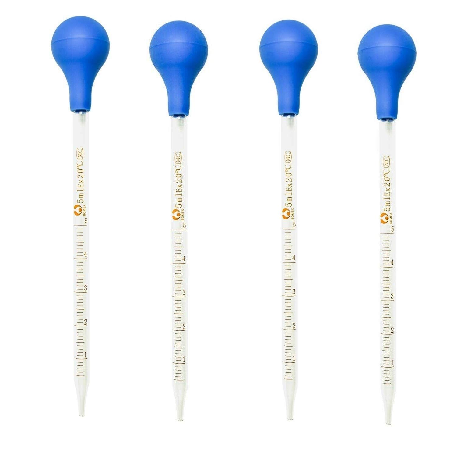 HIBATUL INC 4 Pack (5ml) Glass Graduated Dropper Pipettes Lab Dropper with Blue Rubber Cap and Scale
