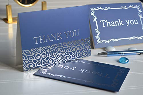 120 Thank You Cards in Navy Blue with Envelopes & Stickers - Elegant 6 Designs Bulk Notes Embossed with Silver Foil Letters for Wedding, Formal, Business, Graduation, Funeral 4x6 Inch Thick Card Stock