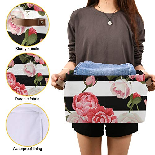 AGONA Large Foldable Storage Bin Peony Roses Black White Stripes Storage Bins Collapsible Decorative Fabric Storage Baskets with Leather Handles for Home Closet Bedroom Organizer Nursery 1 Pack