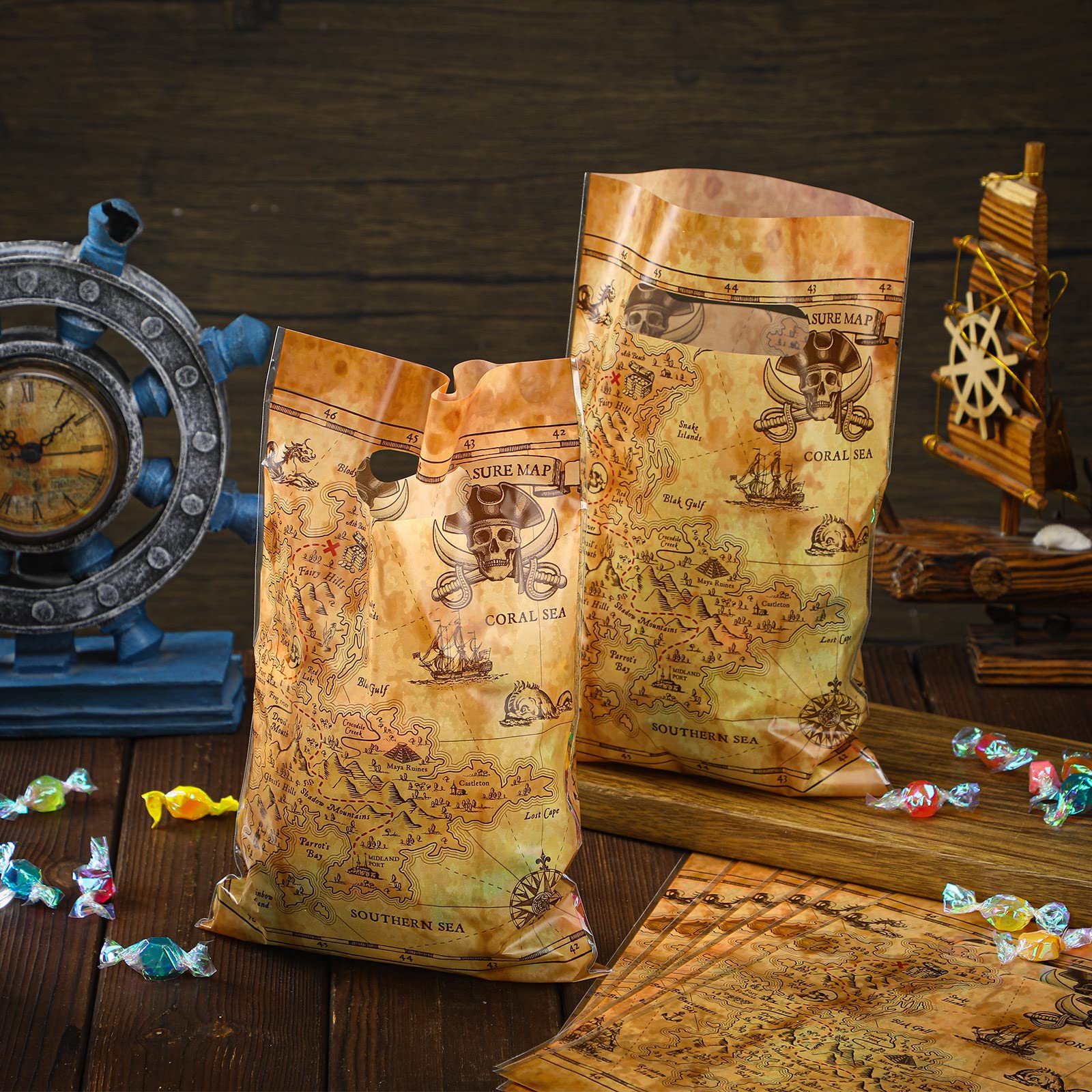 100 Pcs Pirate Party Treat Bags Pirate Candy Goodie Bags Goody Bags Pirate Party Favors Bags Treasure Map Treat Bags Pirate Loot Bags Gift Bag Pirate Cellophane Bags for Nautical Themed Birthday Party