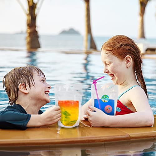 100 Pcs Drink Pouches for Adults Stand-Up Juice Pouches, Hand-Held Reclosable Drink Bags Plastic Zipper Juice Bags with Straws Silicone Funnel(Come with 100 Pcs Round Stickers)