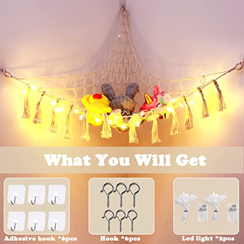 2 Pack Stuffed Animal Net or Hammock with Led Light stuffed animal hammock Boho Plush Stuffed Animal Holder Hanging Storage Nets Kids Bedroom, 45" x 45" x 60", White