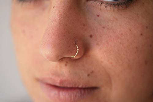 14k Nose Ring, 22g Solid Yellow Real Gold Nose Ring, Twisted Rope Piercing Jewelry, Nose Hoop, Minimalist Dainty Tribal Handmade Boho Piercing Jewelry, 7.5mm