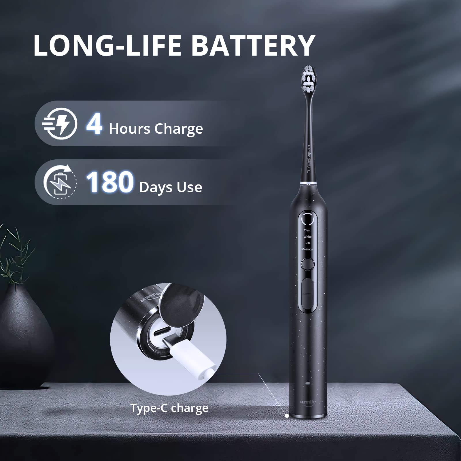 usmile Electric Toothbrush, Sonic Electric Toothbrush with Smart 3D Display, 4 Modes and 3 Intensities, Built-in Timer, U3 Black