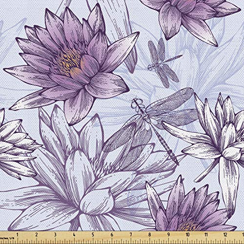 Ambesonne Nature Fabric by The Yard, Water Liliy and Dragonfly Patterns Garden Theme Illustration Wildlife, Decorative Fabric for Upholstery and Home Accents, 1 Yard, Pale Blue Pale Purple