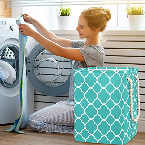 AISSO Large Laundry Hamper Basket Waterproof Dirty Cloth Storage Bins with Handle for Bedroom Laundry Room Bathroom Quatrefoil Pattern Teal Green Seamless Design