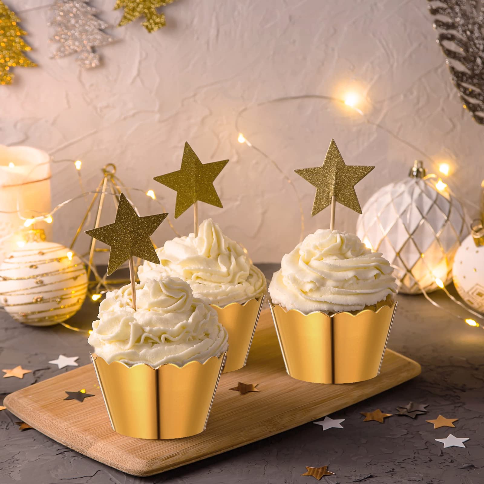 100 Pcs Foil Cupcake Liners Sturdy Muffin Baking Cups Cupcake Wrappers for Christmas Wedding Birthday Party Decoration, 1.93 x 1.8 Inch (Gold)