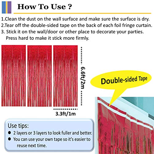 3PC Red Foil Fringe Curtains - Party Streamers & Tinsel Backdrop for Christmas Decorations