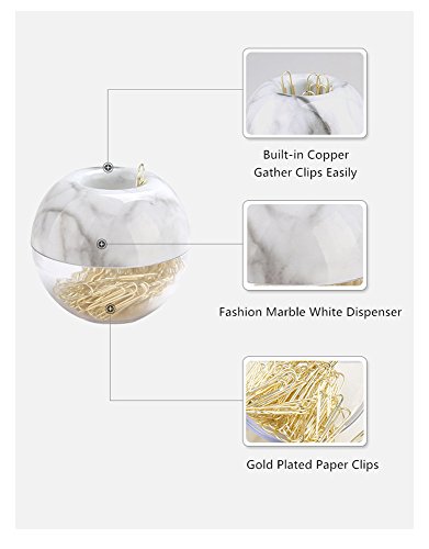 100pcs 28mm Gold Paper Clips Medium in White Marble Paper Clips Holder Dispenser Round Paperclips Storage Case for Office Desk Organizer Accessories (Marble)