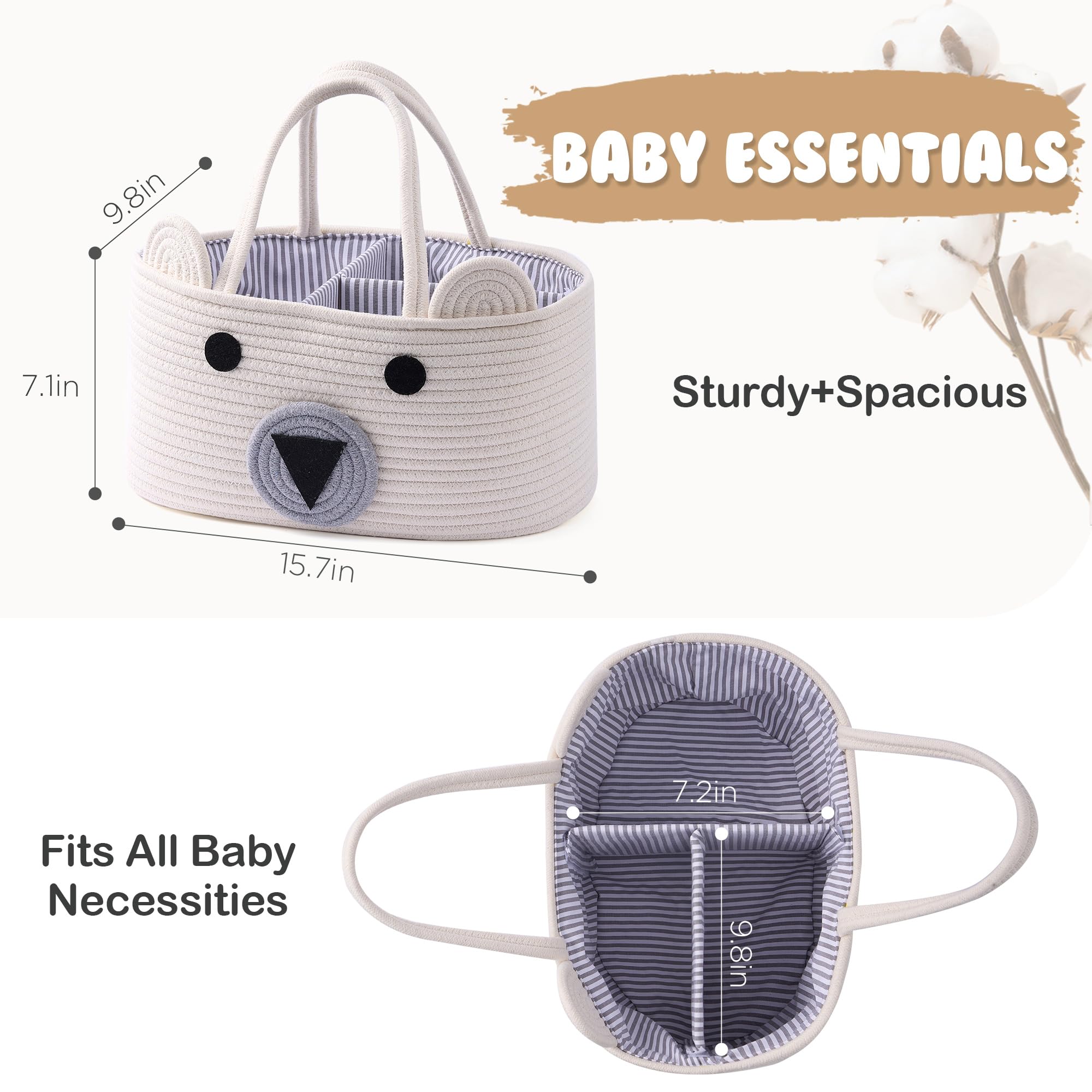 InfiBay Baby Diaper Caddy Organizer, Baby Nursery Storage with Removable Dividers and Sturdy Handles, Cute Bear Basket, Cotton Rope Baby Basket, Portable Diaper Storage Basket