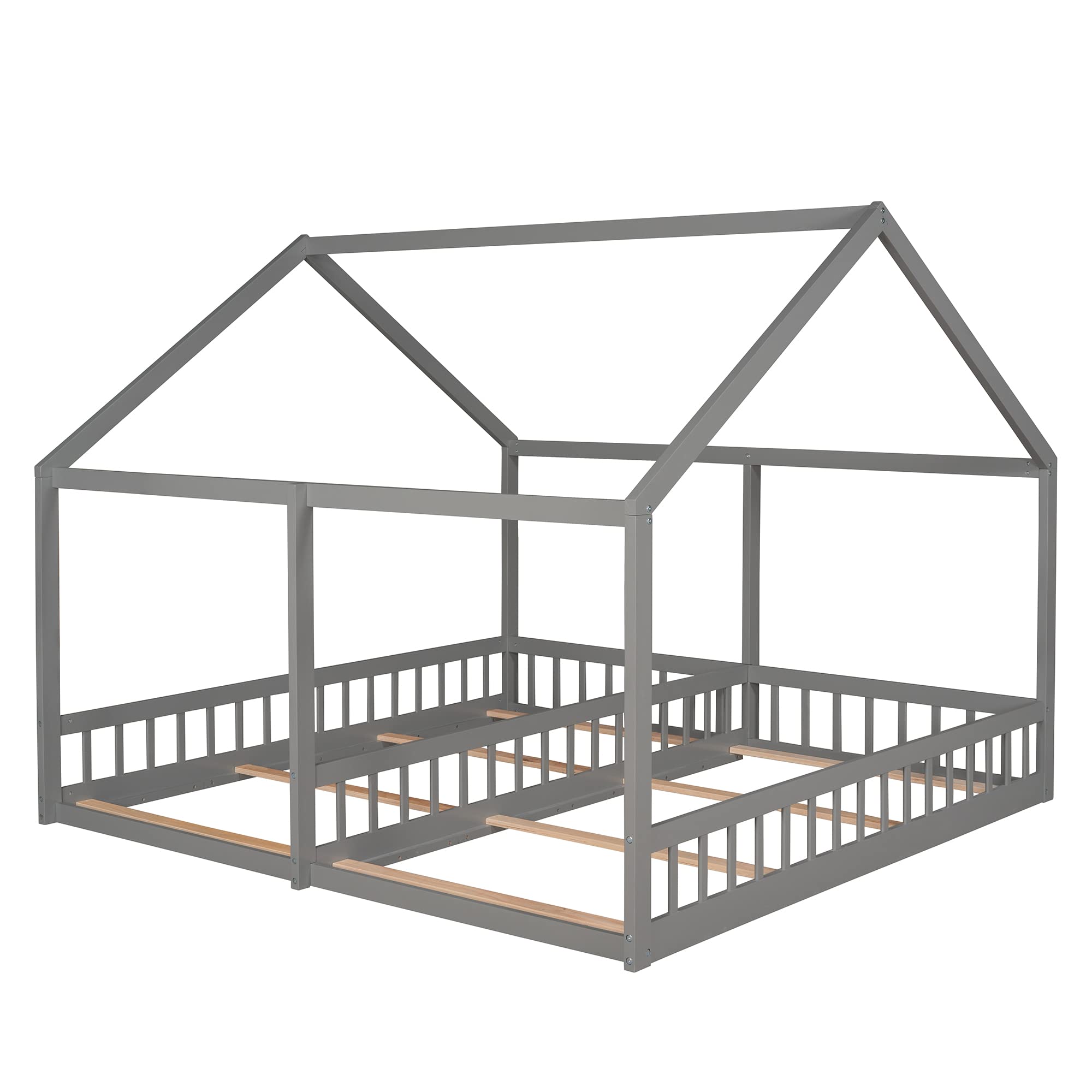 Twin House Bed for 2 Kids Wood Double Floor Beds Frame with Fence Railings Two Shared Beds for Boys Girls Teens, Twin Size, Gray