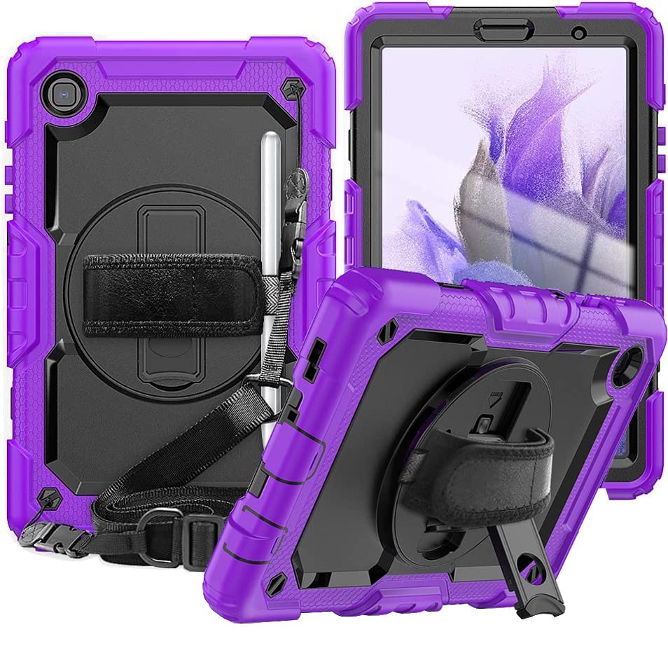 CLARKCAS Case for Samsung Galaxy Tab A7 Lite Case 8.7 inch 2021(SM-T220/T225/T227) with Screen Protector Pencil Holder Kids Shockproof Silicone Cover 360 Stand Hand Strap for Galaxy A7 lite,Purple