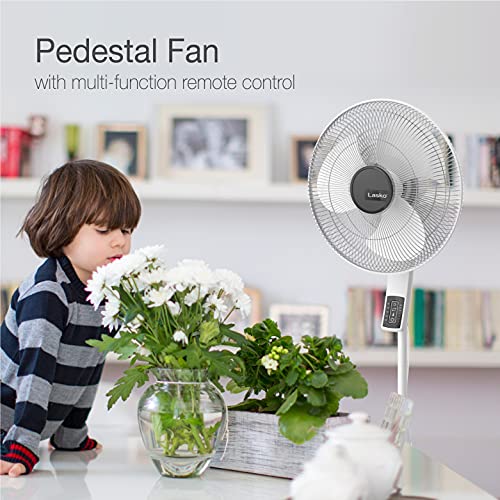 Lasko S16614 Oscillating 16″ Adjustable Pedestal Stand Fan with Timer, Thermostat and Remote for Indoor, Bedroom, Living Room, Home Office & College Dorm Use, 16 Inch, White