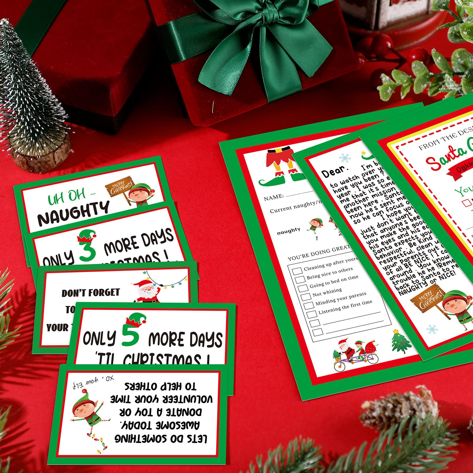 52 Pcs Elf Notes and 2 Elves Notice Naughty or Nice Behavior Checklist Stationary Paper 3 Elf Bonus Letter and Elf Reports Set Elf Christmas Note Cards for Christmas Student Kid Preschool (Classic)