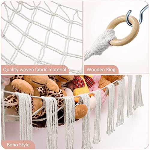 2 Pack Stuffed Animal Toy Hammock Net Macrame Boho Toy Hammock Hanging Stuff Animals Storage Organizer Large Stuffed Toys Corner Mesh Hammock with Hooks and Screw for Nursery Play Bedroom Kid Room
