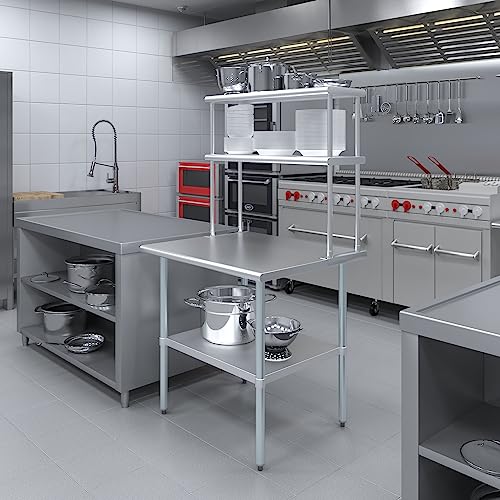 30" x 36" Stainless Steel Work Table with 12" Wide Double Tier Overshelf | Metal Kitchen Prep Table & Shelving Combo