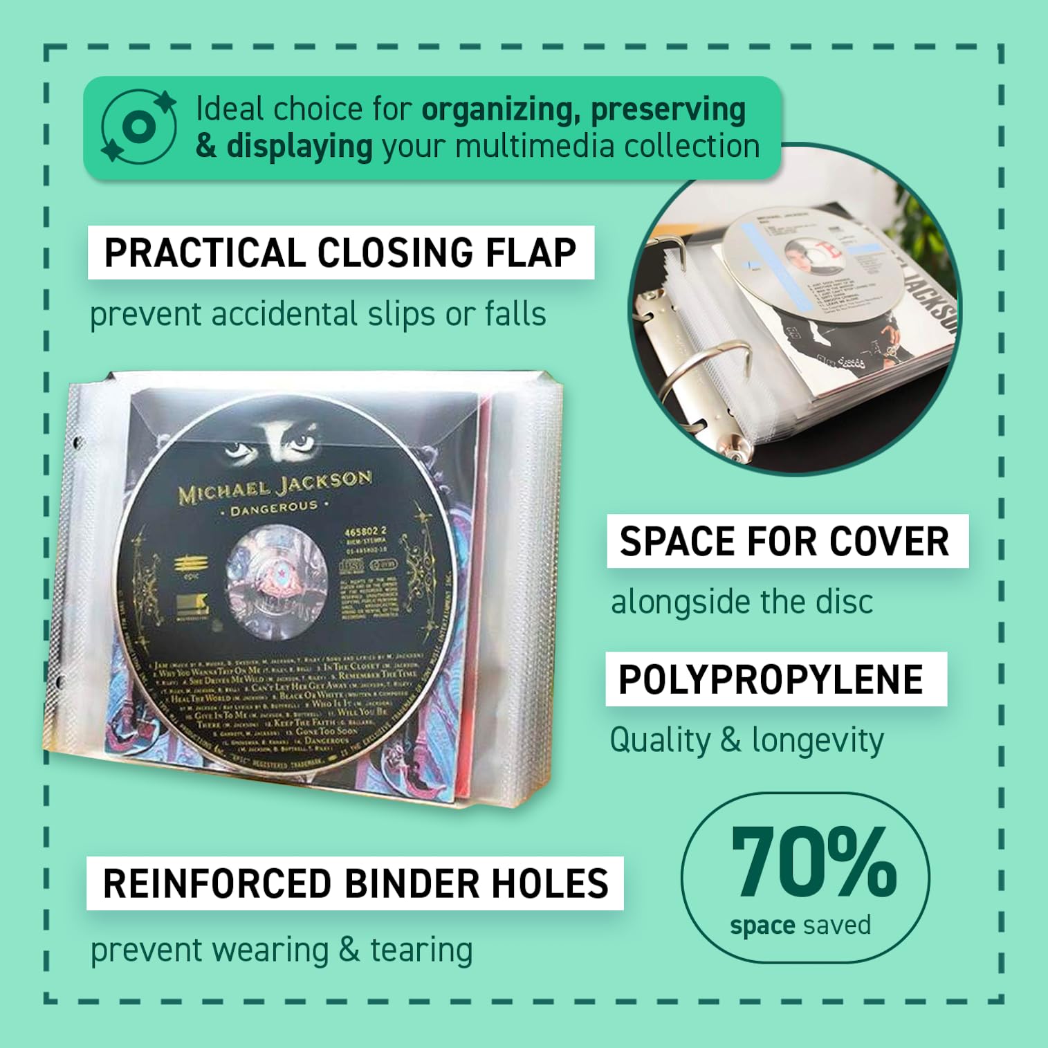 Tarifold DJOIS CD Sleeves - Durable CD Storage & Protection - 120 Micron Orange Peel Polypropylene - 100 Unit Capacity - Binder Holes - Closing Flap - Space for Cover - Made in Denmark