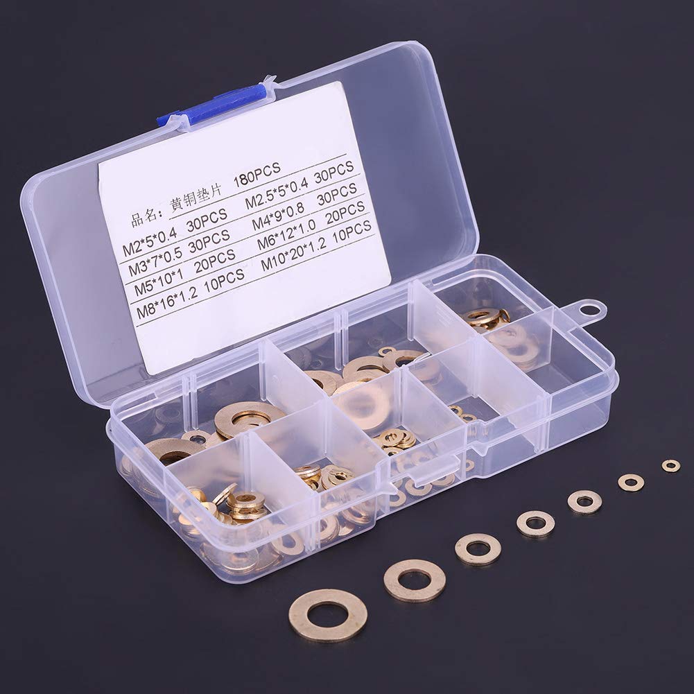 180Pcs Brass Flat Washer Assortment Set with Box M2/M2.5/M3/M4/M5/M6/M8/M10 Metal Washers