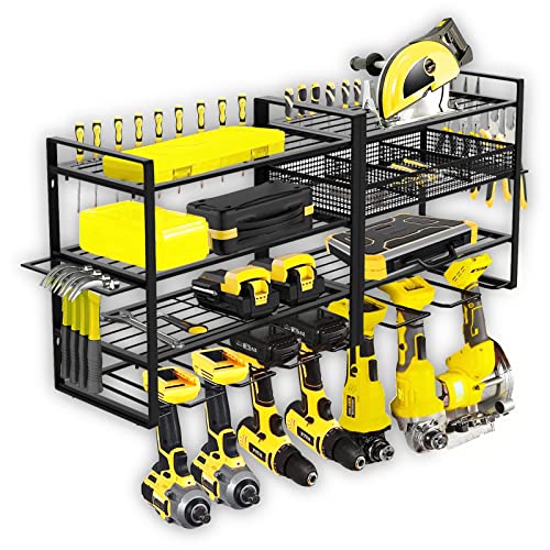 4 Layers Power Tool Organizer, 7 Drill Holder Storage Wall Mount, Metal Larger Capacity Tool Storage Rack with Basket Shelf for Gadgets, Garage Tools & Handheld Cordless Drill Organization Storage