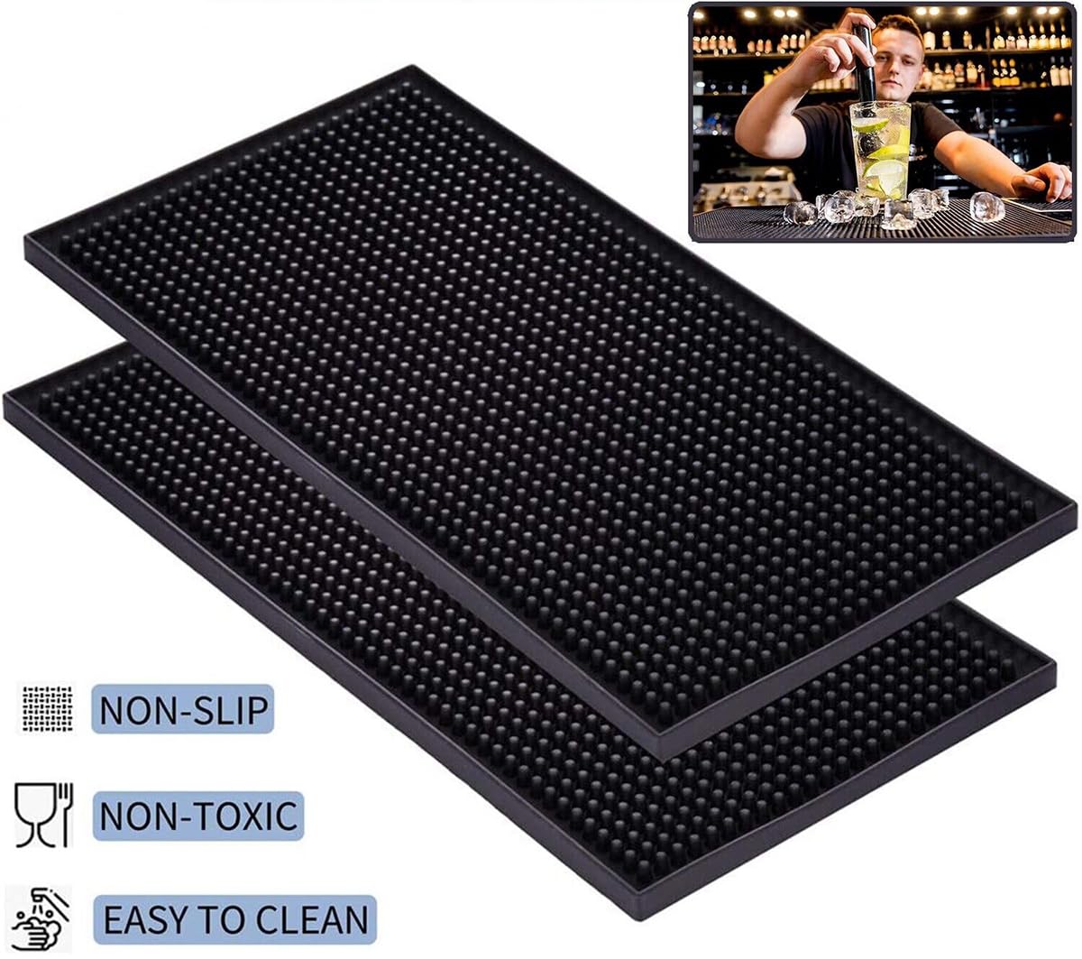 2 Pack Bar Service Mat, Black Salon Barber Work Station Mat, Anti-Slip Flexible Rubber Work Mat for Clippers, Professional Countertop Protection Mat for Bar Service, Sink Mat, Beauty Salon 12"x6"