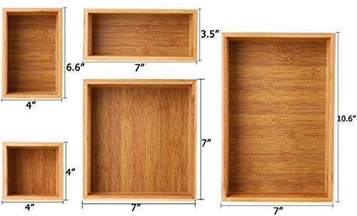 Lawei Set of 5 Bamboo Drawer Organizer Boxes, Desk Storage Box Kit, Drawer Storage Containers Tray Bins for Office, Kitchen, Bedroom, Children Room, Craft, Sewing