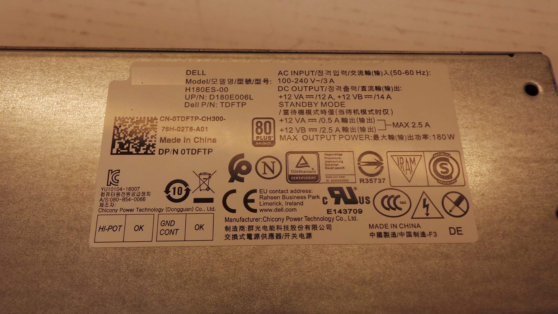 180W Power Supply for Dell. Compatible Dell Part Numbers WWM46 82DRM DP3DV for Dell Dell Optiplex 3050 5050 7050. Model Numbers L180ES-01, D180EPS-01