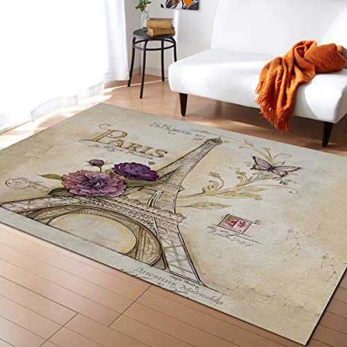 2'7''x 5' Paris Eiffel Tower Area Rug,Vintage Butter-Fly Flower Postmark Outdoor Indoor Washable Carpet Area+Rug for Living Room,Kids/Boys/Girls Bedroom,Bathroom,Classroom,Kitchen,Hallway,Floor Mat