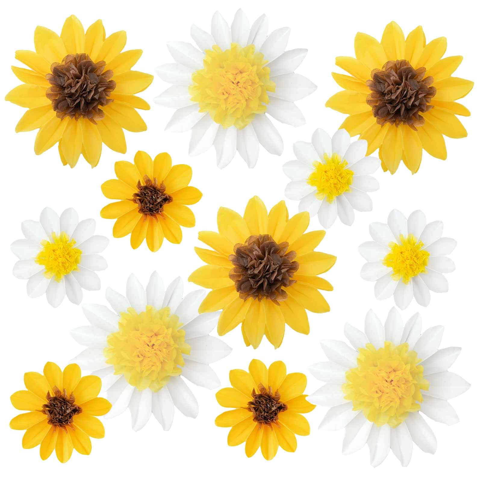 12Pcs Sunflower Daisy Tissue Paper Pom Poms Flower 12" 8" for Yellow Brown White Themed Birthday Party Sunshine Baby Shower Bridal Country Wedding Party iwlorys