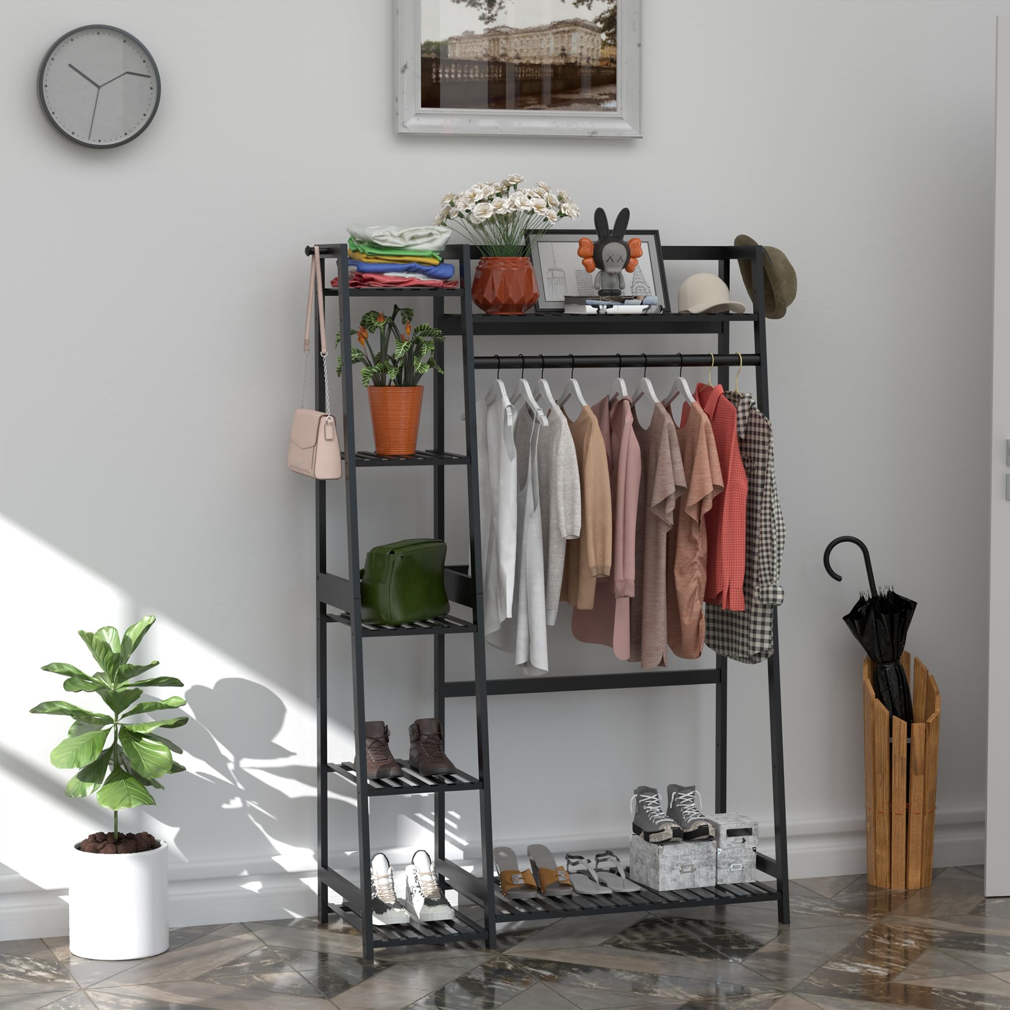 WTZ Clothes Rack for Hanging Clothes, Bamboo Garment Rack Heavy Duty Clothing Rack with Shelves for Living Room, Bedroom, Entryway, Bathroom (CR-538 White)