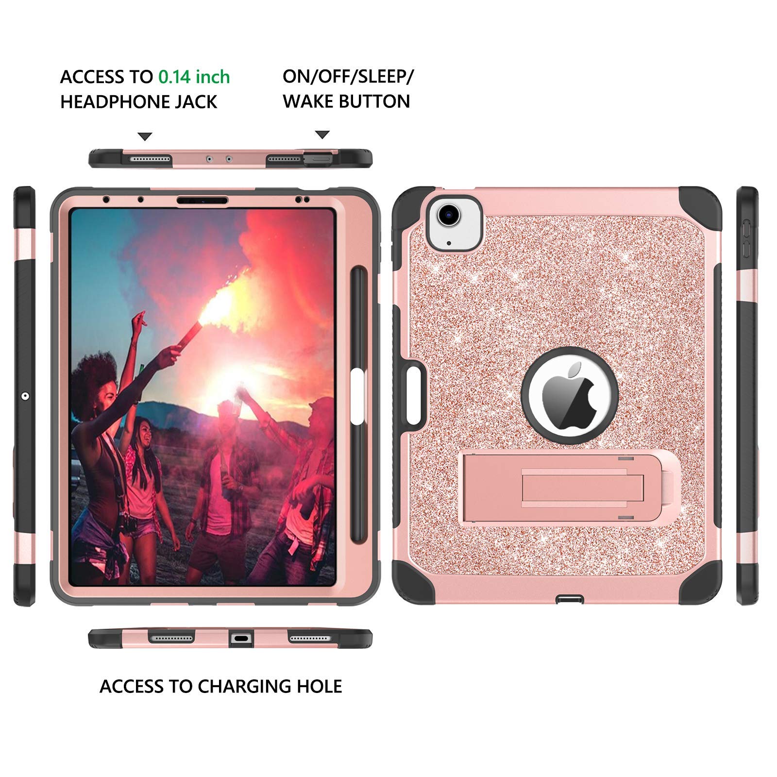 BENTOBEN iPad Air 5th Generation Case, iPad Air 4th Generation Case, Glitter Sparkly 3 Layers Shockproof Kickstand with Pencil Holder Protective Tablet Cover for iPad Air 2022/2020 10.9", Rose Gold